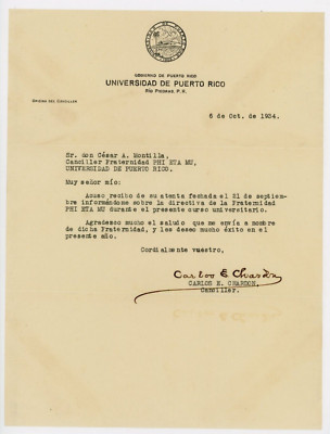 VINTAGE LETTER / UNIVERSIDAD DE PUERTO RICO / SIGNED: CARLOS CHARDON ...