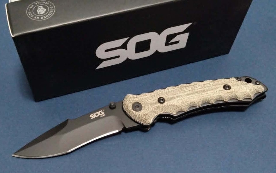 SOG KU-1002 Kiku Folder Knife Small Black TiNi Blade Linen Micarta New ...