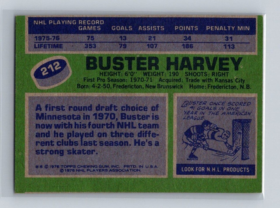 1976-77 Topps Buster Harvey Detroit Red Wings #212 | eBay