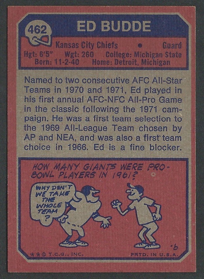 1973 Topps #462 ED BUDDE Kansas City Chiefs CREASE FREE - 04 | eBay