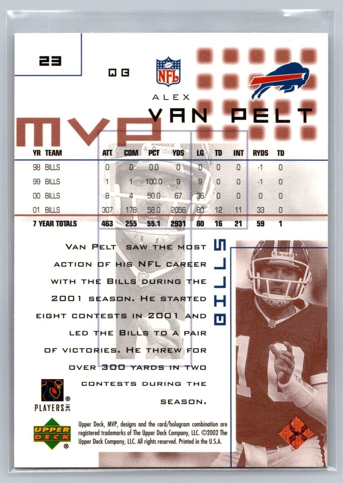 2002 Upper Deck MVP Card # 23 Alex Van Pelt - Buffalo Bills | eBay
