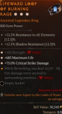 D4 Diablo 4 S10 Ring 3GA 182 Strength 685 max life 75% Critical damage ...