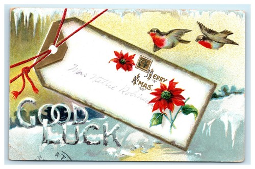 POSTCARD Good Luck Merry Xmas Christmas Gift Tag Label Birds Snow ...