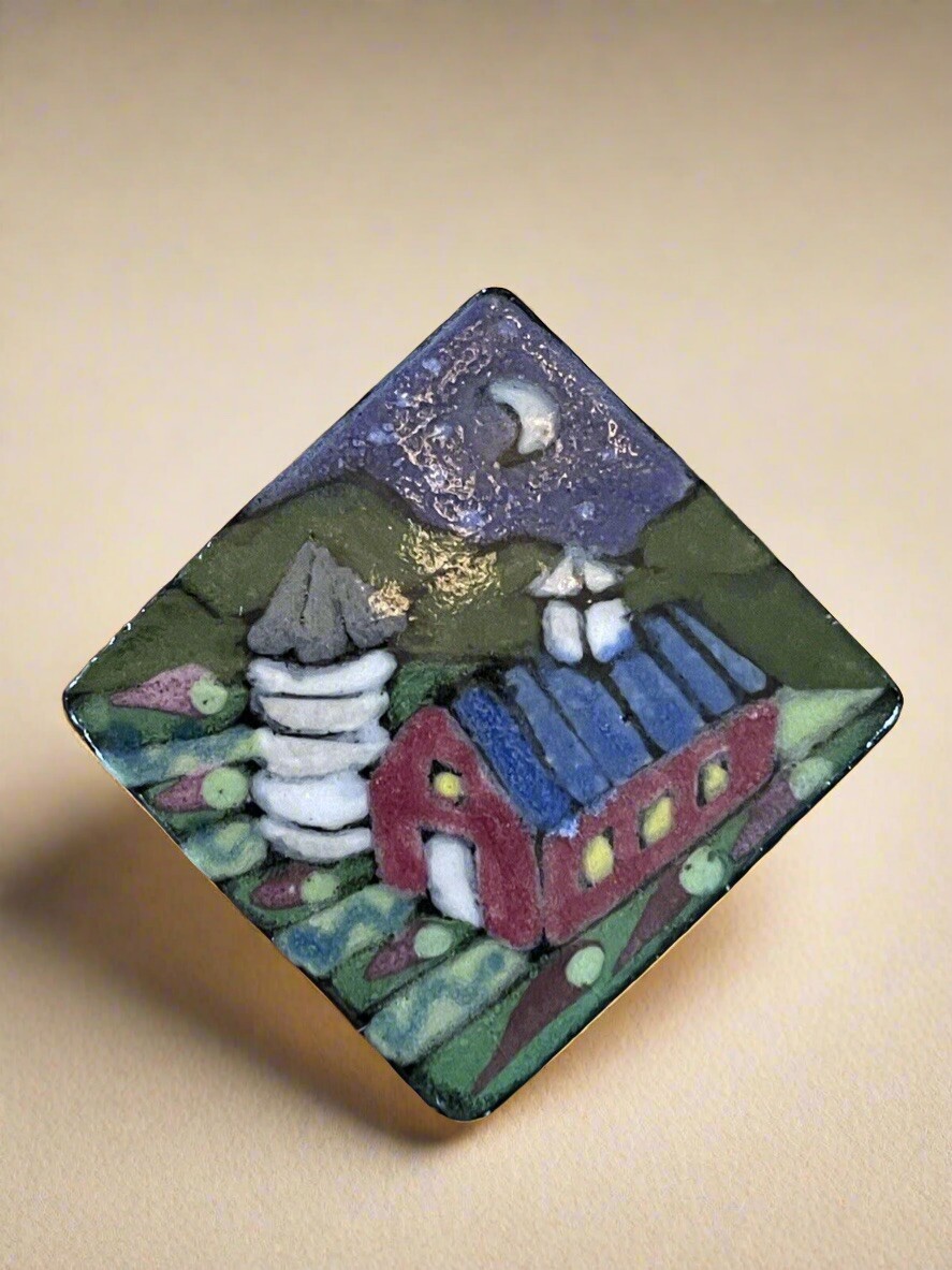 Farmhouse Brooch Artisan Mary Vaughn Ceramic Hand Mad… - Gem