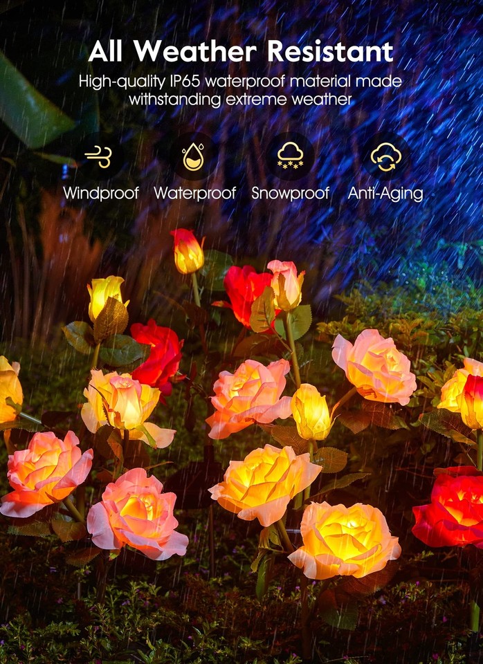 Garden 4 Pack LED Solar Flower Lights with Larger & More Realistic Rose ...