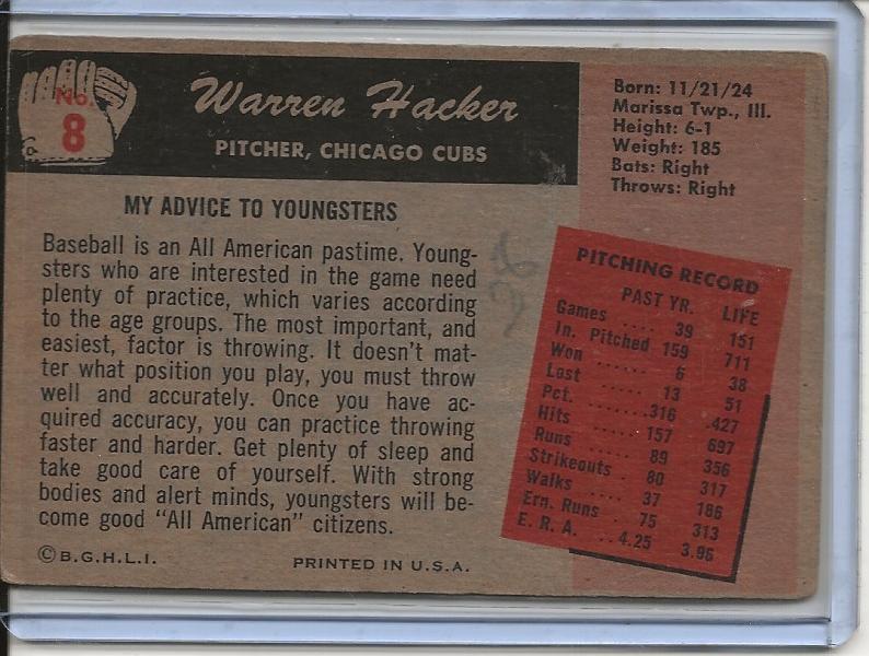 1955 Bowman Baseball Card Warren Hacker Pitcher Chicago Cubs Ex Mint ...