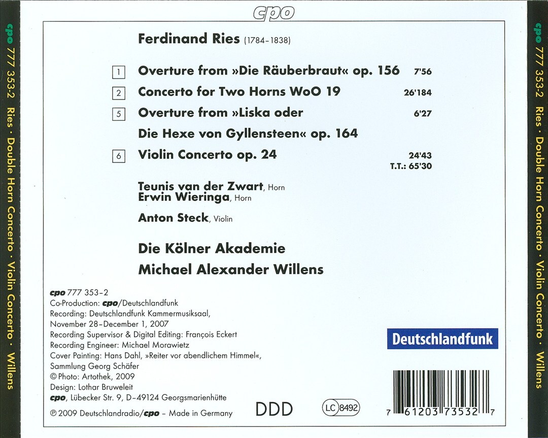 MICHAEL ALEXANDER WILLENS / DIE KÖLNER AKADEMIE FERDINAND RIES: DOUBLE ...