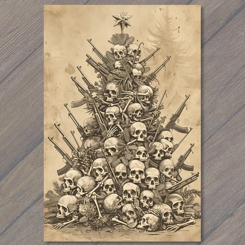 4x6" Skull Christmas Tree Skeleton Eerie Scary Old School Guns Strange ...