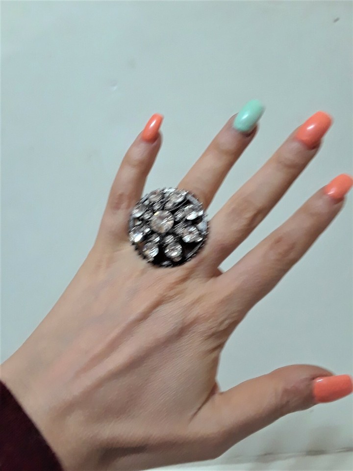 Flower Jumbo Oversize Cocktail Statement Prom Ring Crystal Black Clear ...