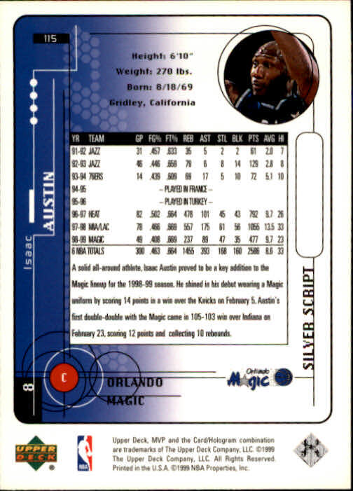 1999-00 Upper Deck MVP Washington Wizards Basketball Card #115 Isaac ...