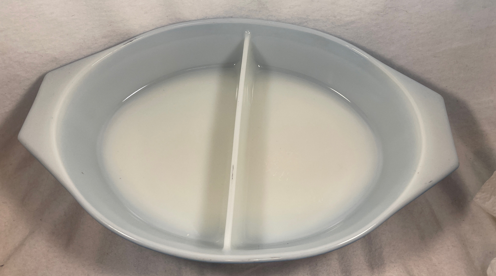 Vintage PYREX Snowflake Blue Garland 1 Qt. Divided Oval Casserole w ...