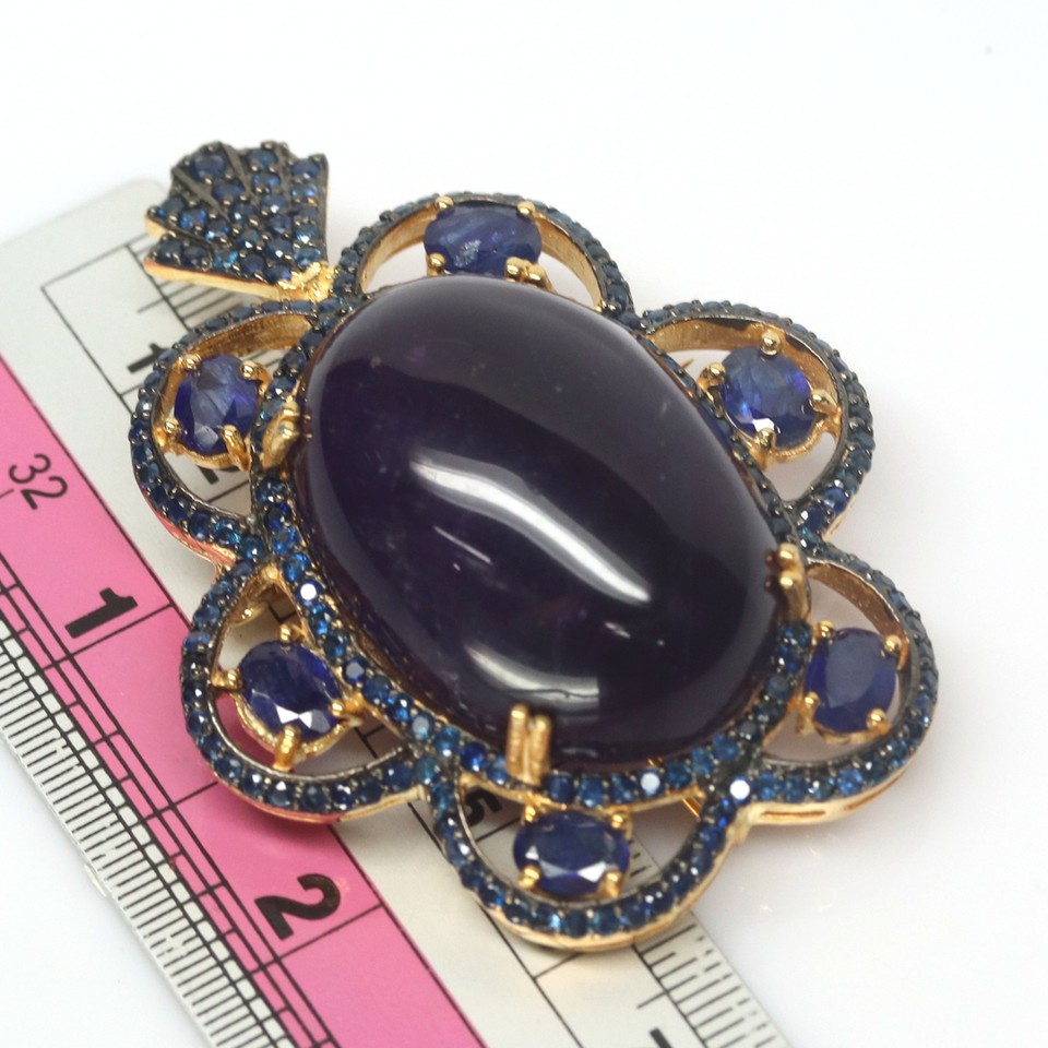 24 X 34 mm. Purple Amethyst & Blue Sapphire Brooch Silver 925 Sterling ...
