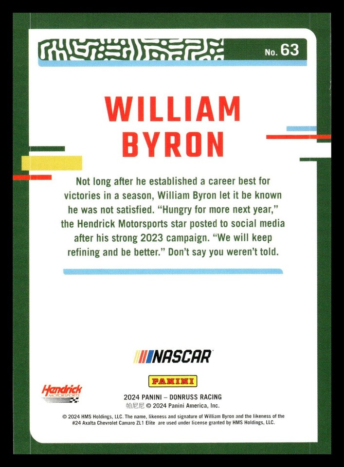 2024 Donruss NASCAR 63 William Byron | eBay