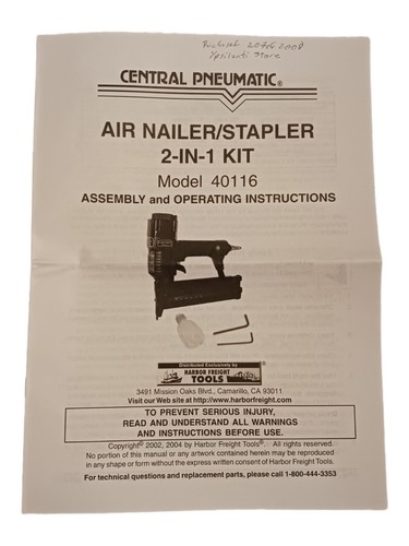 CENTRAL PNEUMATIC Air Nailer/ Stapler Model 40116 Owners Guide Booklet ...