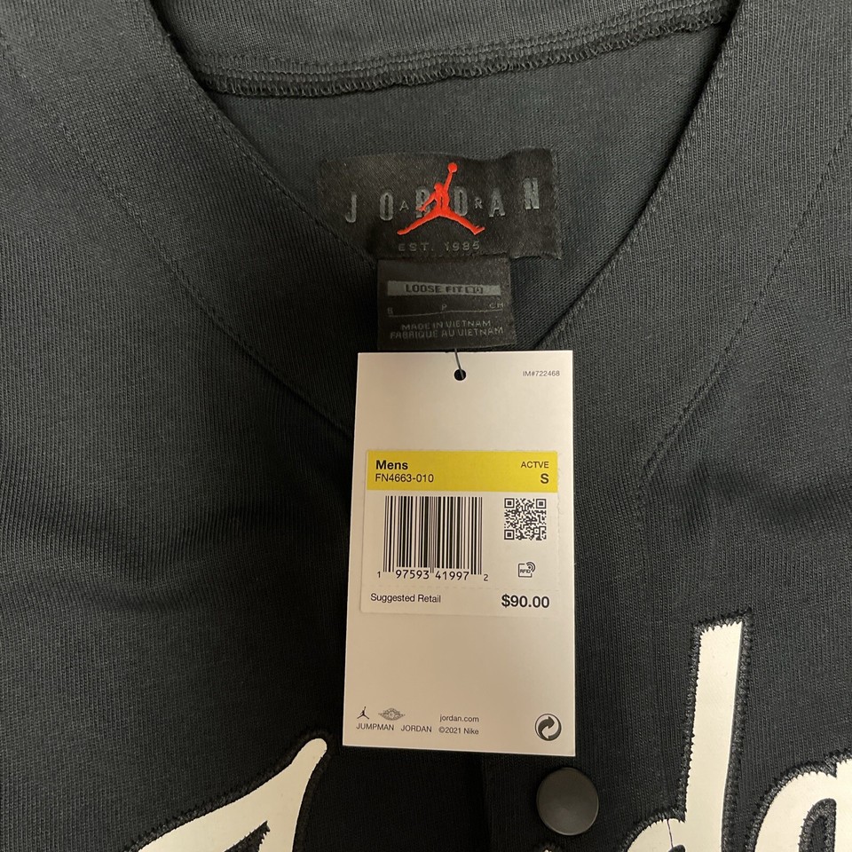 NWT Nike Air Jordan Men’s Baseball Jersey Shirt Mens Small Black FN4663 ...