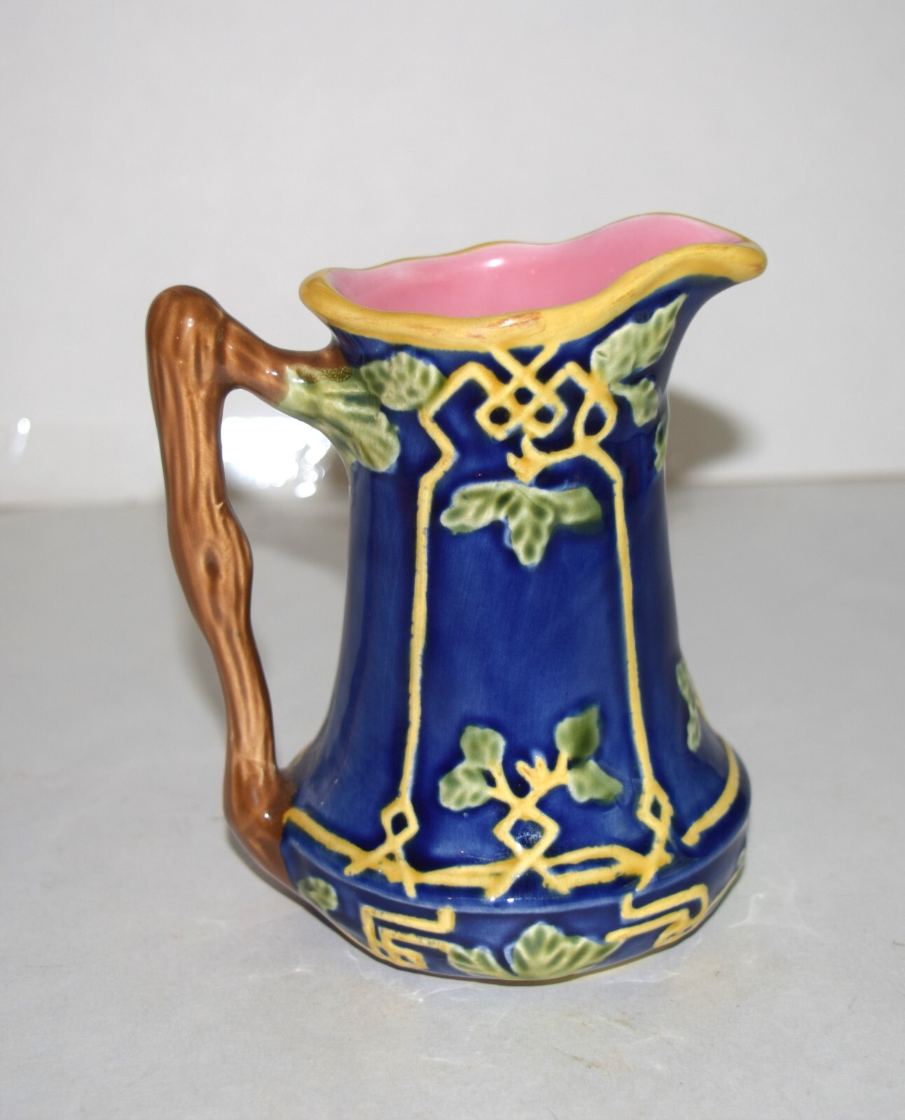 VTG Cobalt Blue Majolica Pitcher With Leaves Vines Bark Handle Sadek J ...