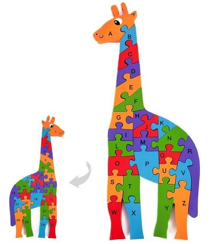 Wooden Puzzles for Kids, Double Sided Giraffe Jigsaw with Alphabet ...