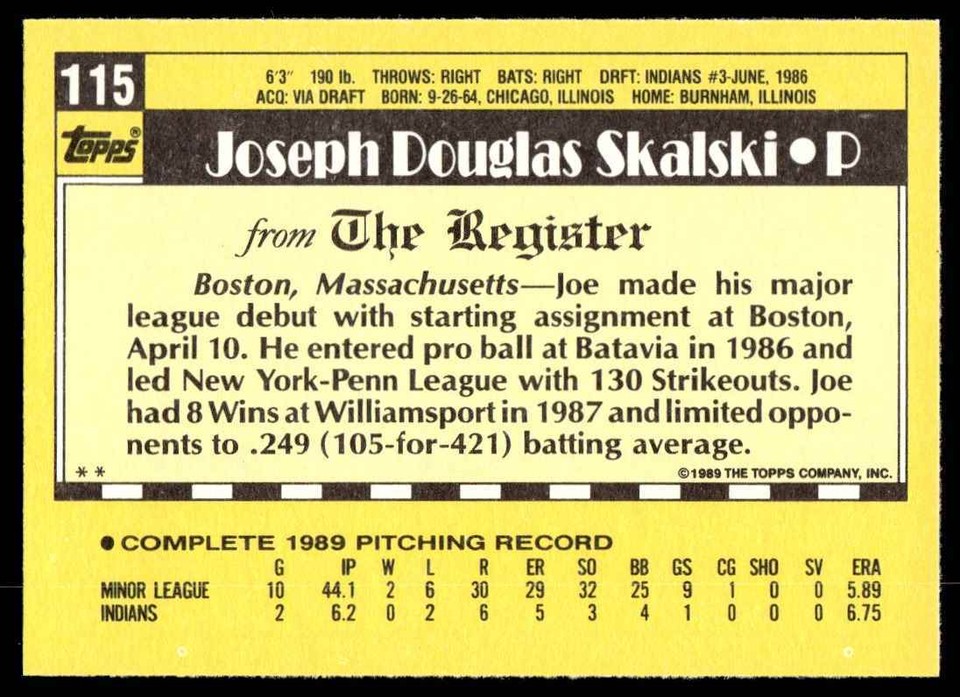 1990 Topps Major League Debut 1989 Joe Skalski Cleveland Indians #115 ...