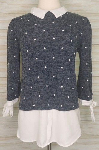 Monteau Women's Sweater 2 In 1 Medium Gray/ White Polka Dot Peter Pan ...
