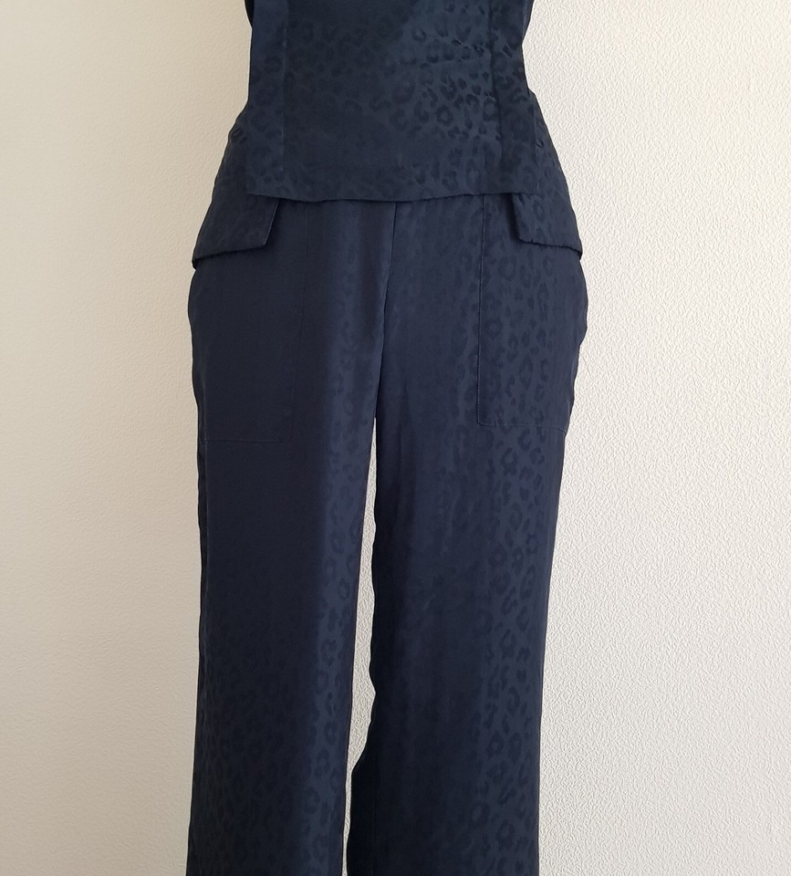 THAKOON ADDITION Navy Satin, Animal Print, Sleeveless, Trouser Jumpsuit ...