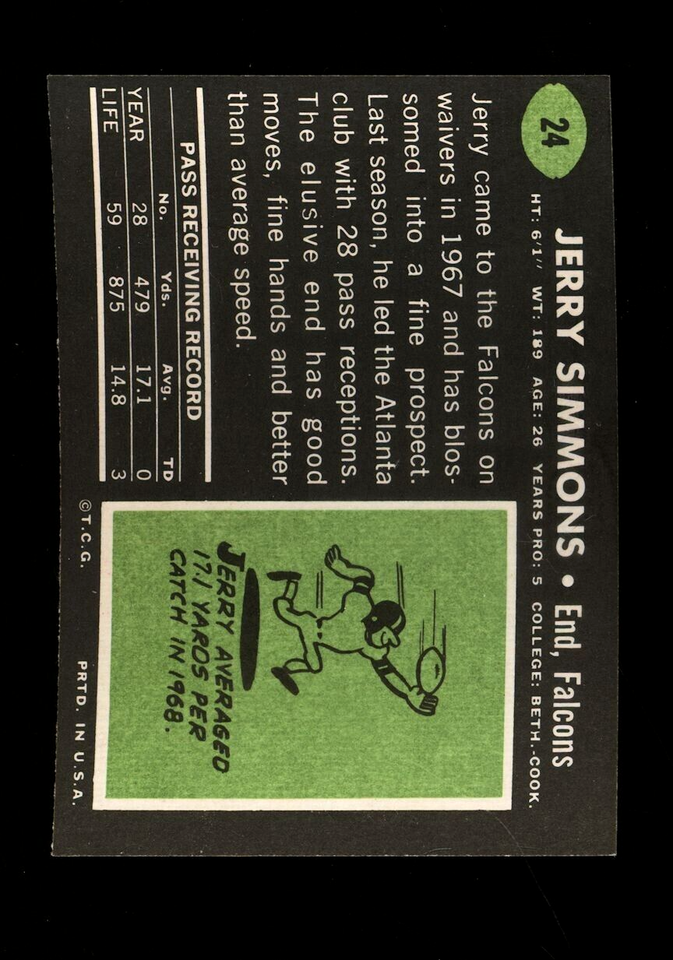 1969 TOPPS "JERRY SIMMONS" ATLANTA FALCONS #24 NM-MT OR BETTER! MUST ...