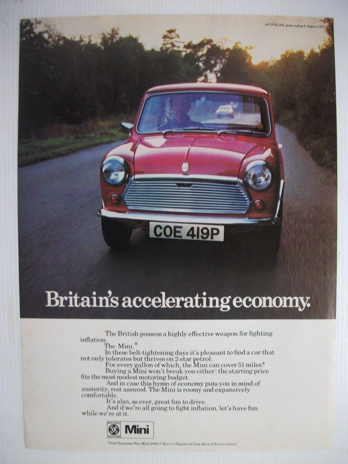 1975 MINI BRITAIN'S ACCELERATING ECONOMY BRITISH MAGAZINE FULLPAGE ...