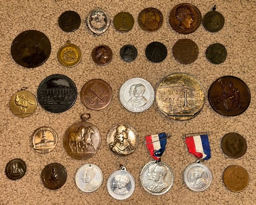 Lot of 30 Antique Scarce World Medals & Coins Belgium, France 18th-20th ...