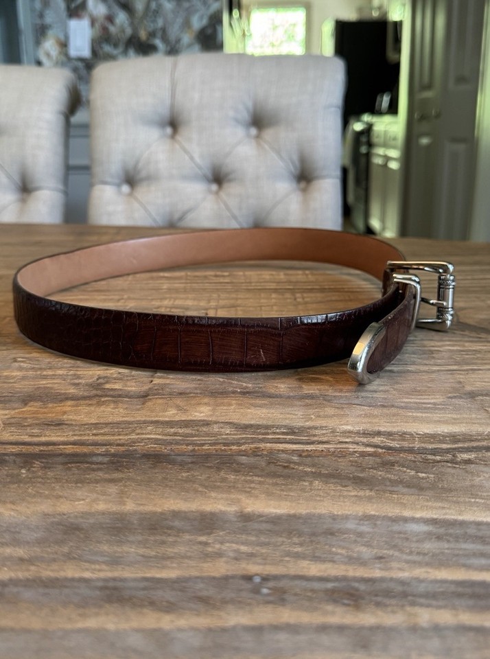 Martin Dingman Brown Alligator Grain Leather Belt Large Silver tone ...