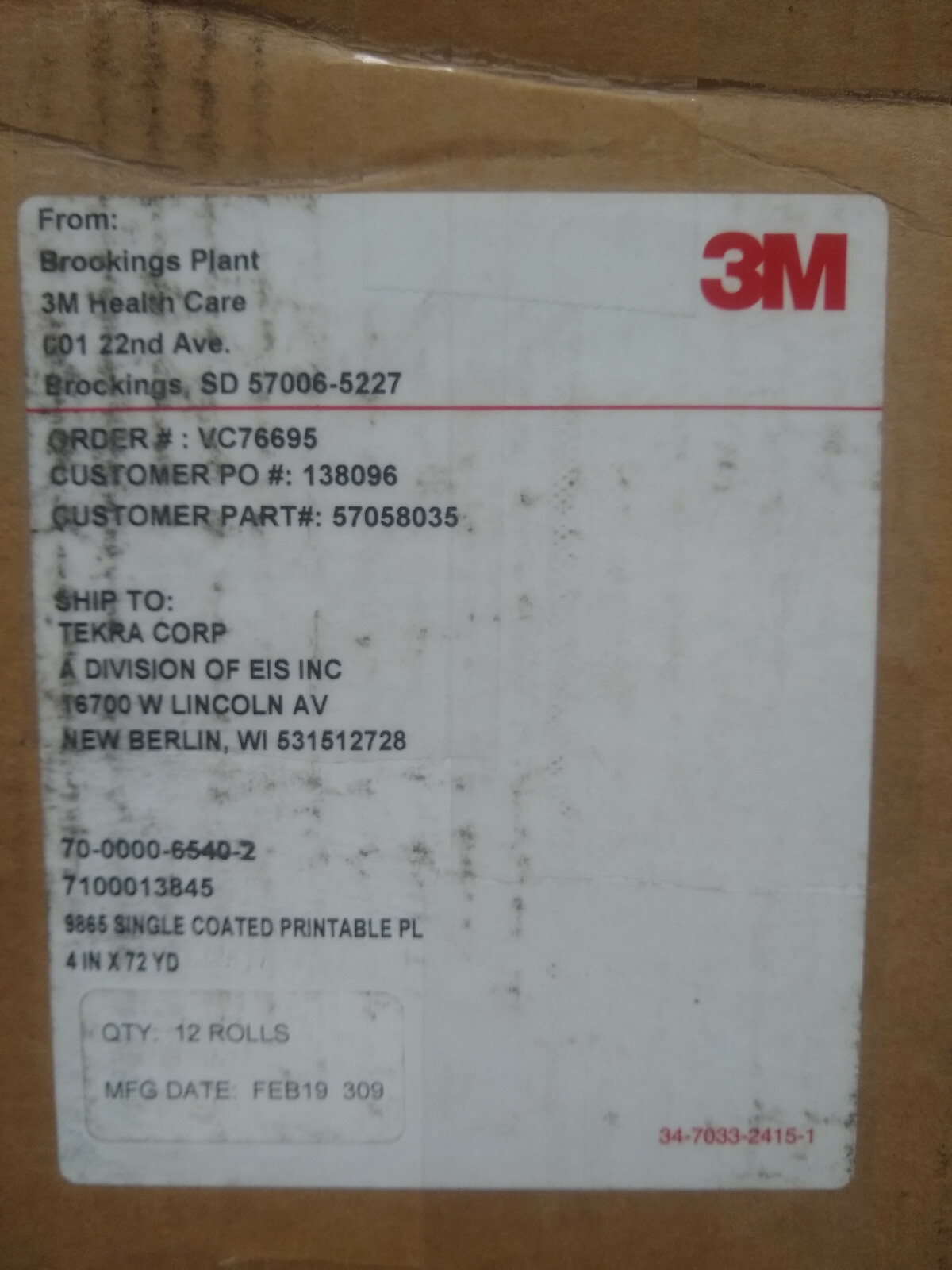 3M 9865 Single Coated Tape, 4" X 72 LYDS | eBay