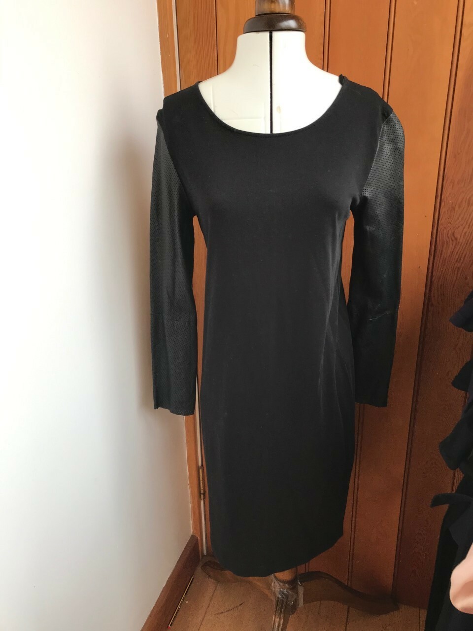 cos black shift dress with real leather perforated sl… - Gem