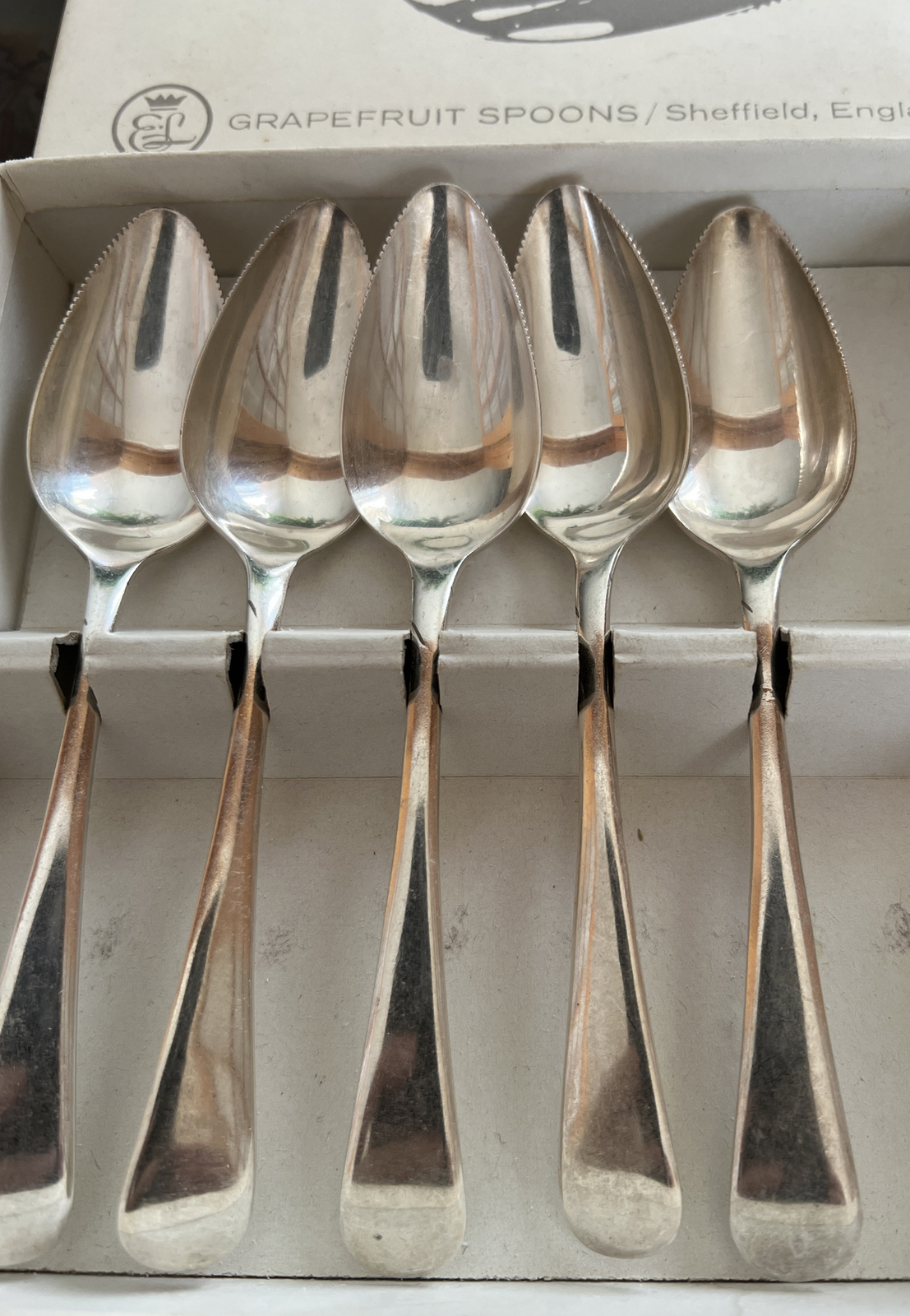 Raimond Sheffield England boxed set of 5 grapefruit spoons Silverplate ...