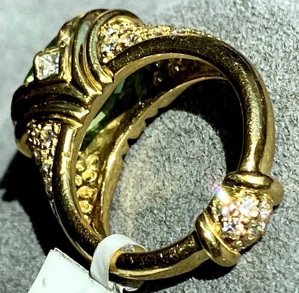 HUGE Green Tourmaline Diamond 18K Yellow Gold Vintage Ring 5.25 Unusual ...
