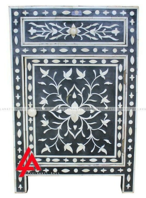 Wood Bone Inlay 1 Door 1 Drawer Bedside Table | eBay