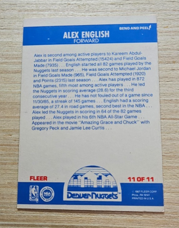 ALEX ENGLISH 1987-88 FLEER BASKETBALL STICKER #11 - NM+ | eBay