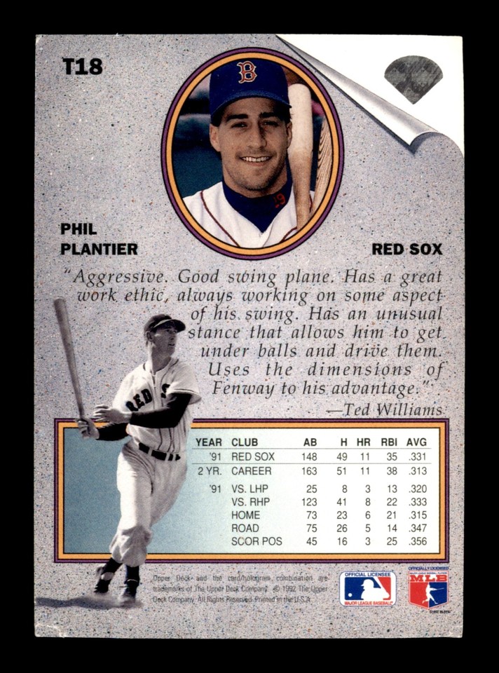 Phil Plantier 1992 Upper Deck Williams Best Baseball Card #T18 Red Sox ...
