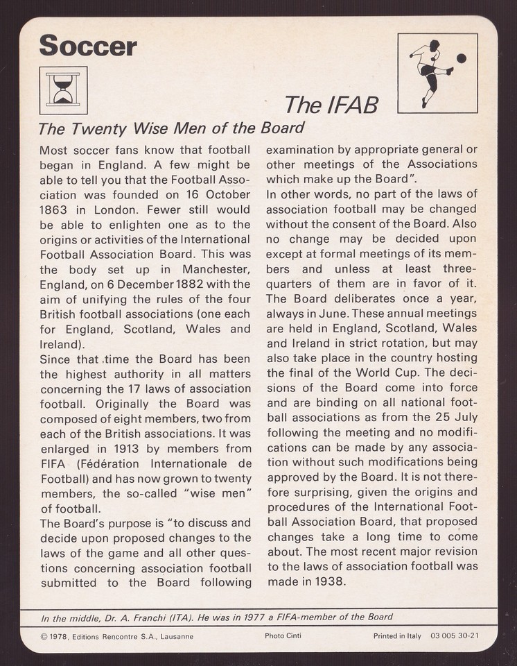 THE IFAB International Football Soccer Franchi 1978 SPORTSCASTER CARD ...