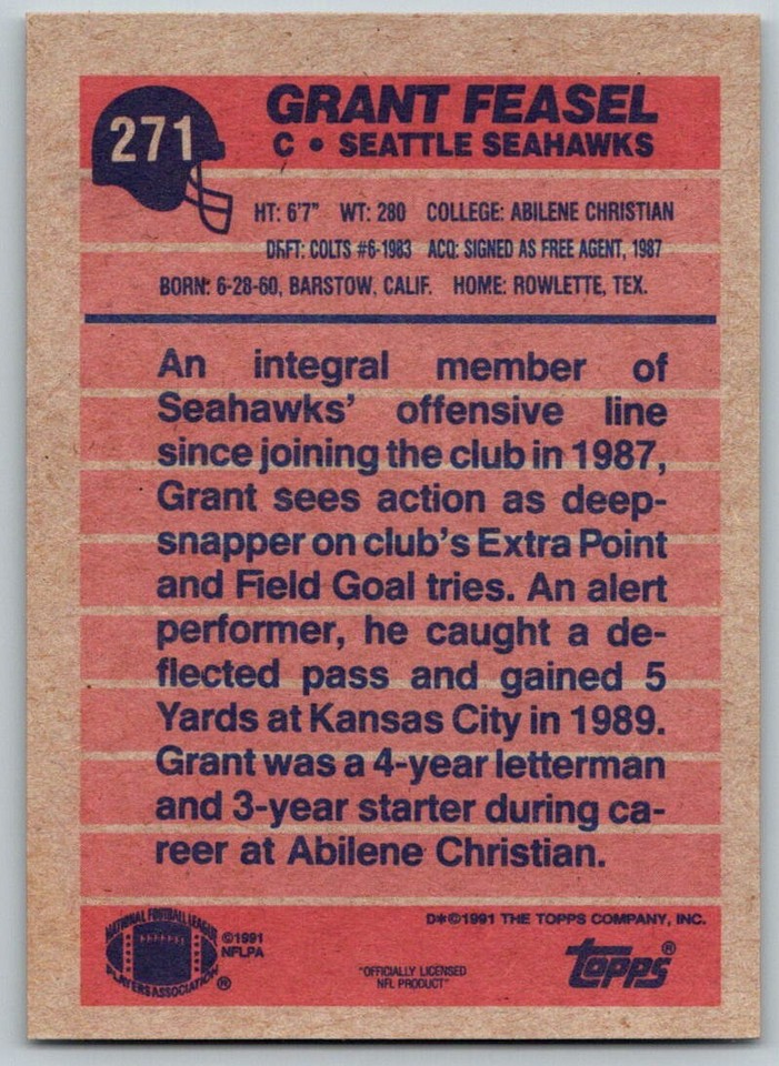 1991 TOPPS GRANT FEASEL SEATTLE SEAHAWKS #271 | eBay