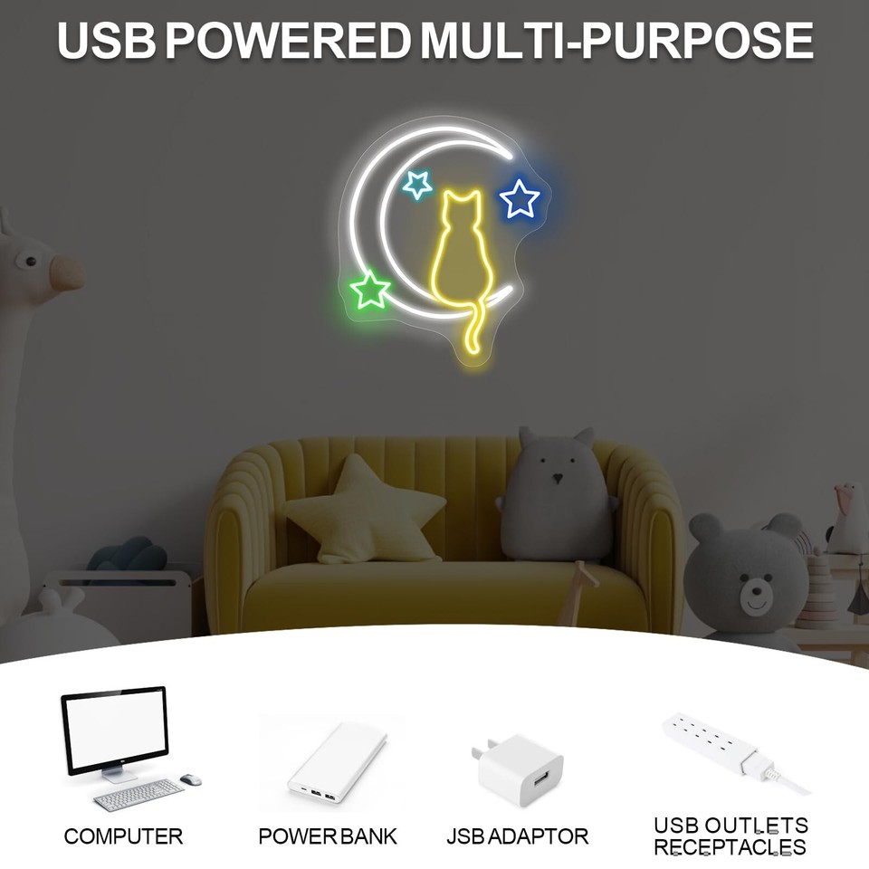 Moon Cat Neon Signs for Wall Decor LED Light Sign for Preppy Room Decor ...