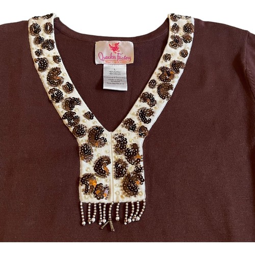 Quacker Factory Embellished Top Womens Large Brown Tunic V Neck Beaded ...