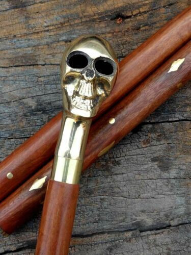 steampunk skull brass head handle brown inlay wooden cane walking stick ...