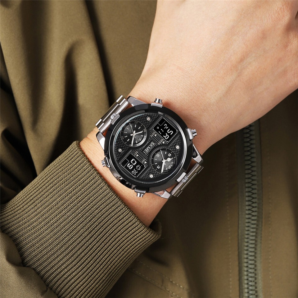 SKMEI Men Quartz Watch Dual Time Military Wristwatch Male Steel Digital ...