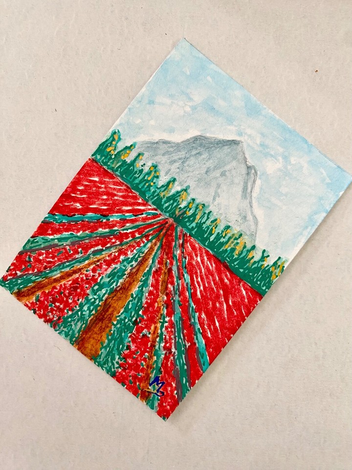 Mount Rainier and Tulips Original ACEO Painting Tulips Field Art ...