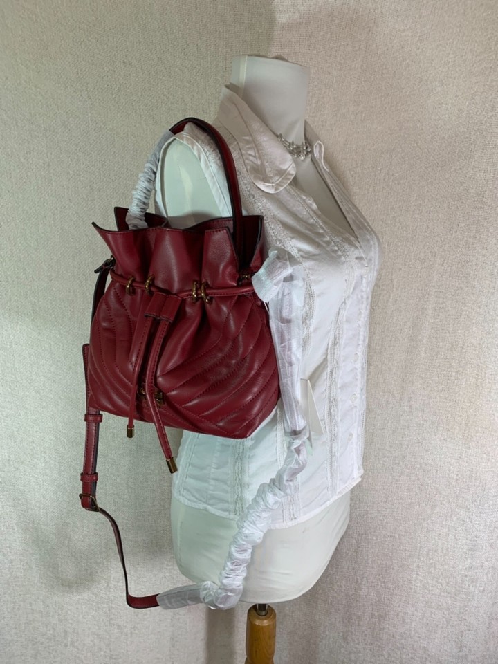 NEW Tory Burch Kira Chevron Garnet Wine Red Quilted Leather Mini Bucket Tote Bag | eBay