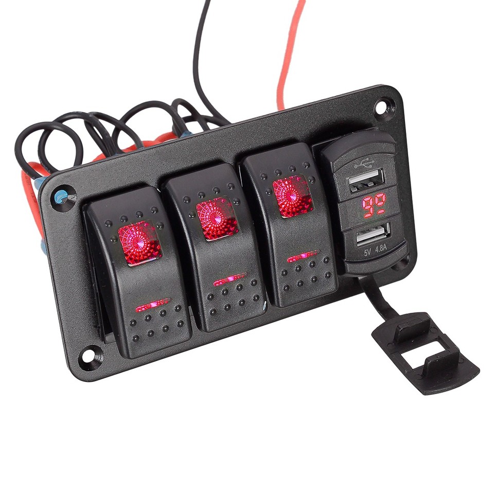 3 Gang Rocker Toggle Switch Panel Dual USB Port for RV Car Marine Boat ...