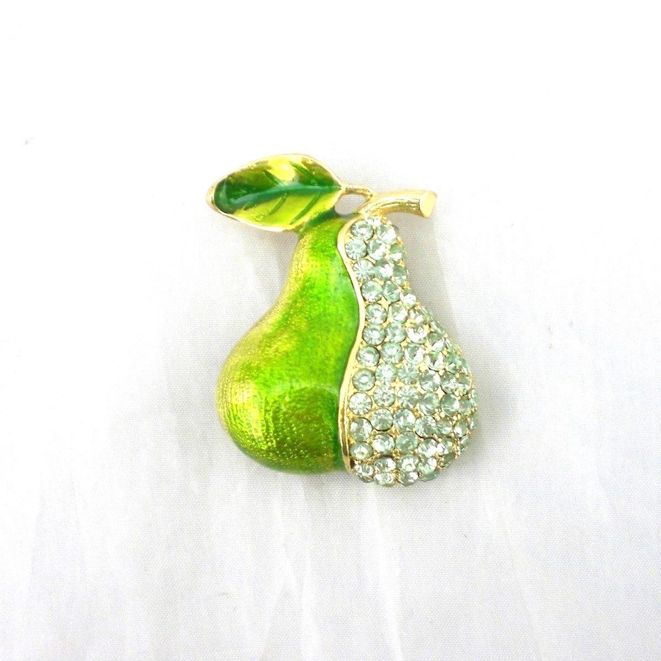 Napier Pear Brooch Pin Fruit Jeweled Enameled NEW Golden Tone & Green w ...