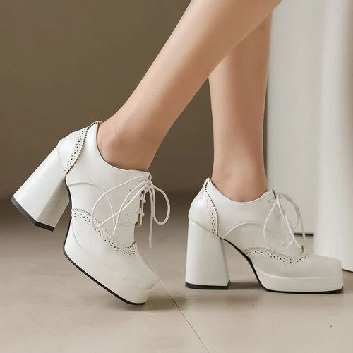 Women Square Toe Platform Shoes Lace Up Chunky High Heels Gothic ...