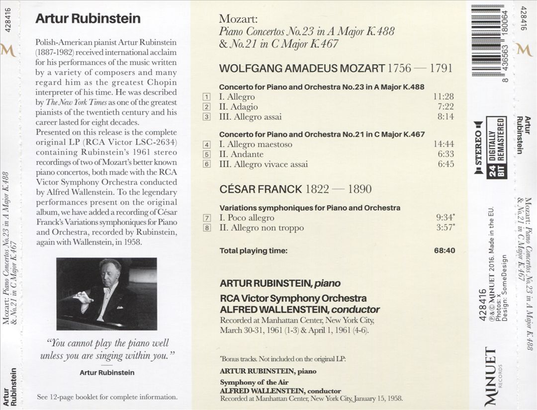 ARTUR RUBINSTEIN / ALFRED WALLENSTEIN MOZART: PIANO CONCERTOS NOS. 23 ...
