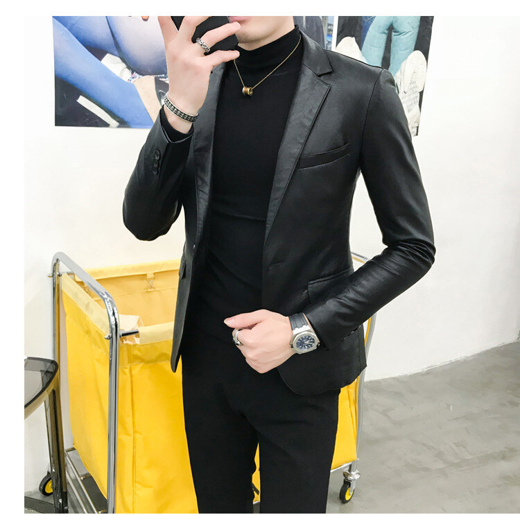 Mens Formal Dress Motorcycle Faux Leather Slim Fit Jacket Blazer Coat ...
