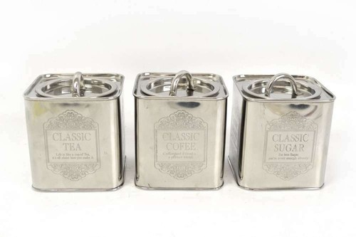 ENGRAVED STAINLESS STEEL SET OF 3 KITCHEN TEA COFFEE SUGAR CADDIES STORAGE TINS | eBay