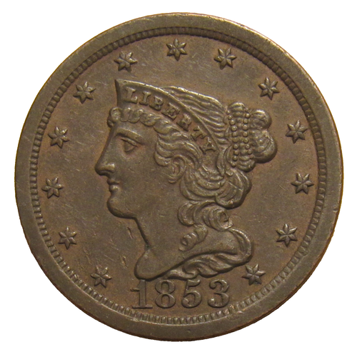 1853 BRAIDED HAIR HALF CENT, MID-AU ~ RAZOR SHARP, RUST & BROWN TONES ...